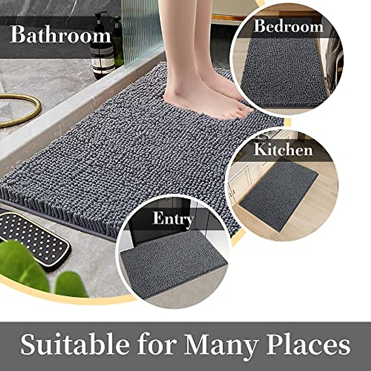 SONORO KATE Bathroom Rug, Non Slip Bath Rugs, Soft Durable Thick Chenille Bath Mat, Ultra Water Absorbent and Fast Dry Bath Mats for Bathtubs, Rain Showers and Under Sink (Dark Grey, 17"x24")