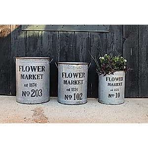 Creative Co-Op Decorative Round Metal Buckets with Handles and "Flower Market" Message, Set of 3 Sizes, Distressed Silver
