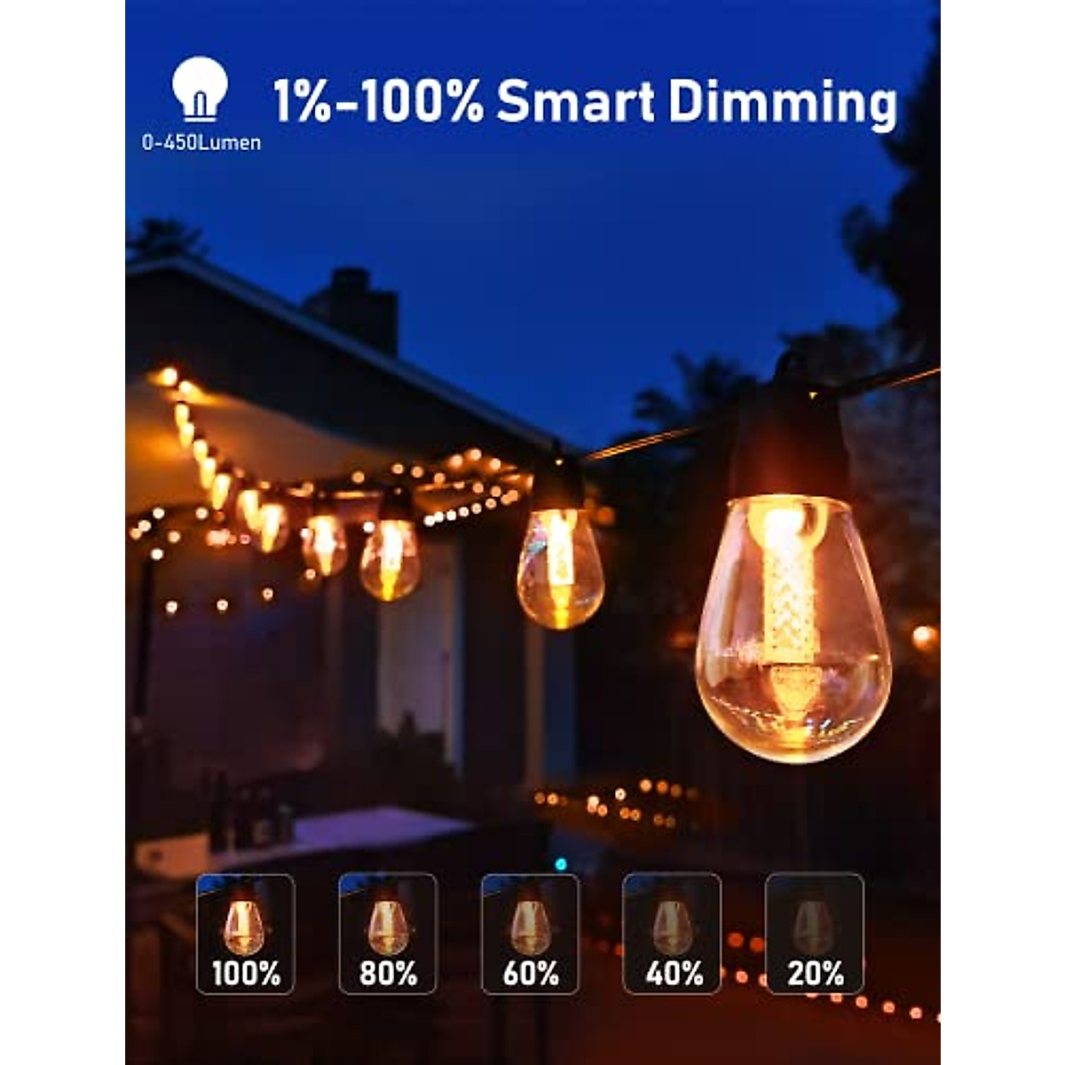 Outdoor String Lights with Dimmer - 100Ft Led Patio Lights App Control Commercial Grade Waterproof Outside Light with Timer 3 Modes 50 S14 Edison Vintage Shatterproof Bulbs for Bistro Garden Backyard