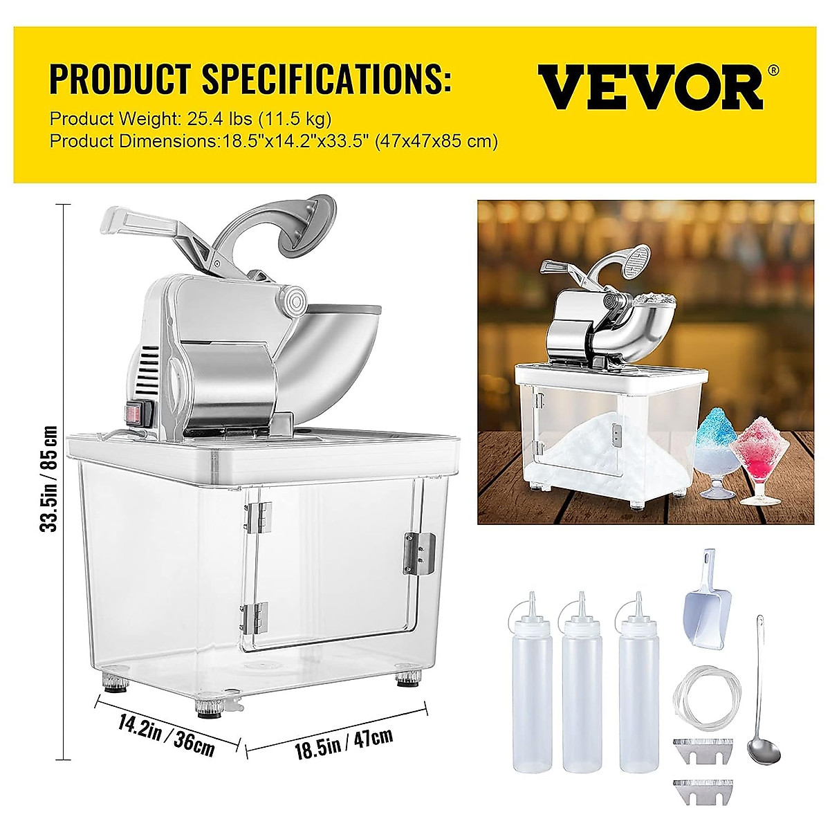 VEVOR 110V Commercial Ice Crusher 440LBS/H, ETL Approved 300W Electric Snow Cone Machine with Dual Blades, Stainless Steel Shaved Ice Machine with Safety On/Off Switch for Family, Restaurants, Bars