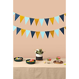 10 Feet Paper Pennant Party Decorations, Triangle Flags Bunting, Paper Triangle Garland for Wedding Decor, Nursery Wall Decor, Baby Shower, Bridal Shower (Gold Glitter, Aqua Blue, Navy Blue) 18PCS