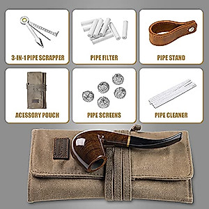 Whitluck's Tobacco Pipe with Waxed Canvas Pipe Roll, Handmade Wood Smoking Pipe with Ultimate Beginner Guide E-Book, Travel Tobacco Pouch - Smoking Gift Set and Accessories