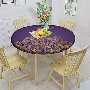 Gold Mandala Round Fitted Tablecloth with Elastic Edge,Vintage Ornament Eastern Ottoman Art Print Polyester Table Cover, xxLarge, Fit Round Tables up 65"-71" Diameter, for Kitchen Dining Party