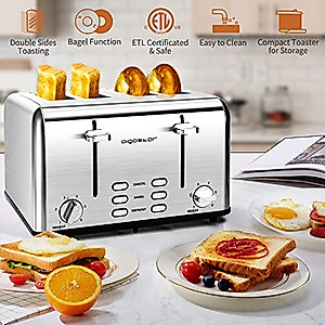 Toaster 4 Slice Wide Slot Stainless Steel Toasters with Bagel, Reheat, Cancel, Defrost Function, 6 Shade Settings, Removable Crumb Tray, 1550W, Aigostar