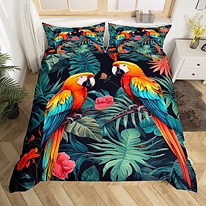 Manfei Tropical Birds Bedding Set Twin Size 2 Pcs,Jungle Parrot Bird Wild Animal Duvet Cover for Kids Teens Bed Comforter Cover Set,Green Palm Leaves Nature Botanical Bedding Quilt Cover Set