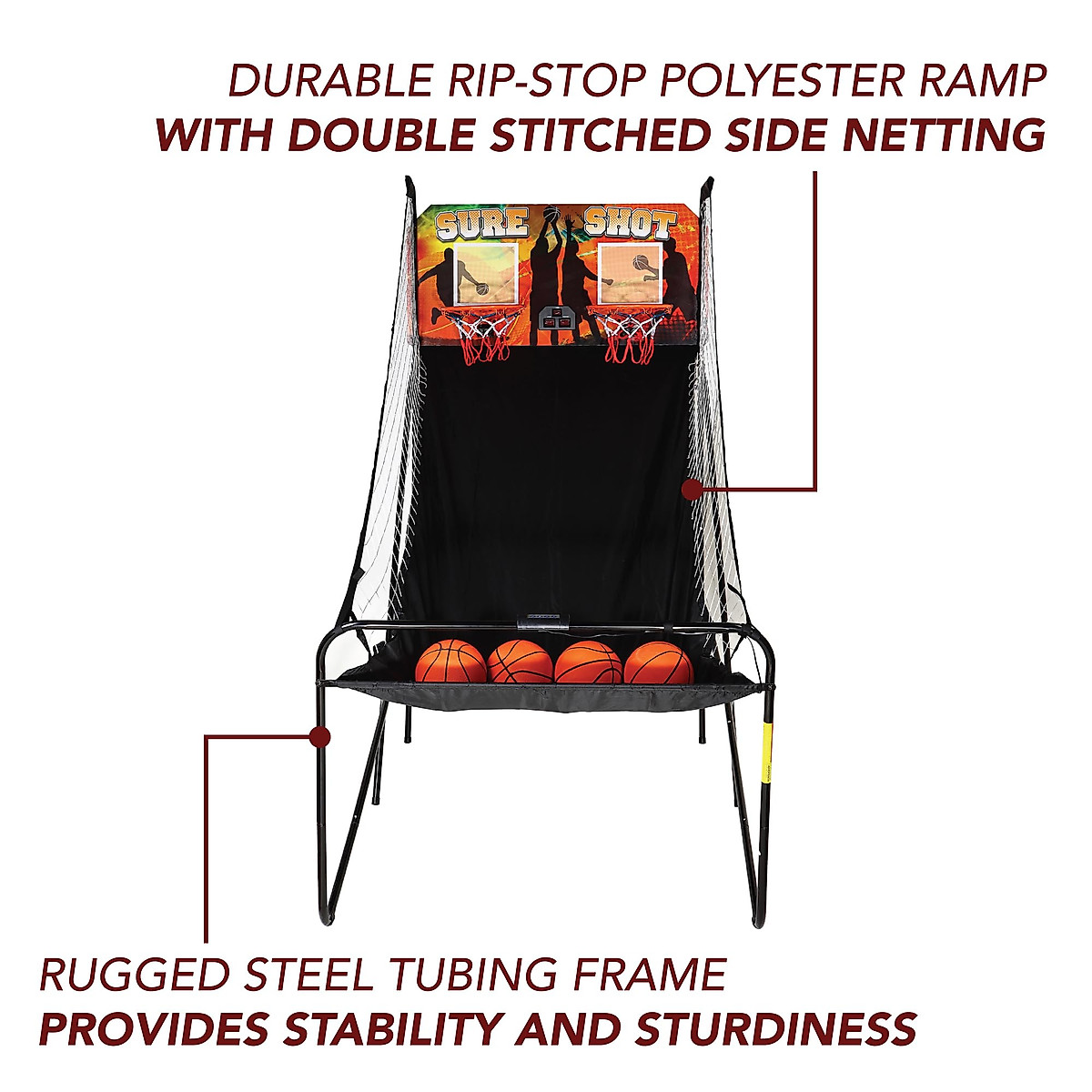 Hathaway Sure Shot 81-in Dual Basketball Arcade Game for Room - with LED Scoring, Foldable Indoor Basketball Game Design, Steel Frame, 8 Game Modes, 4 Balls, Pump & Dual Hoops - Orange/Black Finish