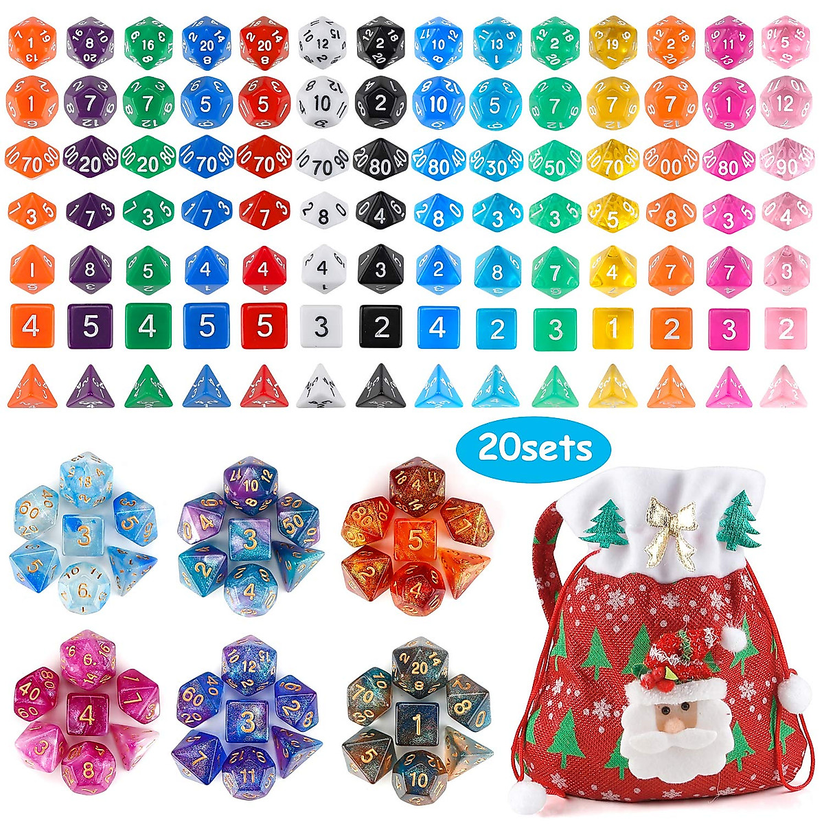 DND Dice Set 140 Pieces Polyhedron Dice 20 Colors Great for Dungeons and Dragons DND RPG MTG Table Games D4 D6 D8 D10 D% D12 D20 with a Big Santa Claus Bag