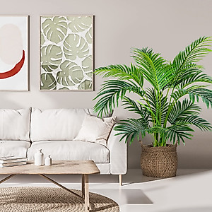 Worth Garden 4ft Artificial Areca Palm Plant 2 Packs in Pot, Fake Cane Palm Silk Tree Indoor Outdoor, Dypsis Lutescens, 47in Lifelike Faux Silk Plant Home Decor, Two Linen Bags & 20g Dry Moss Included