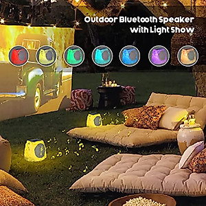 Outdoor Rock Speaker Solar-Powered Wireless Bluetooth 5.0 Speaker Waterproof with RGB Color Multi-Unit Connect Outdoor Speakers for Patio Pool Deck Yard Garden and Home - Pair