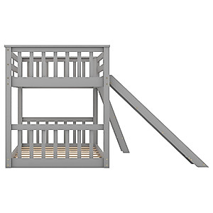 Harper & Bright Designs Low Bunk Bed for Kids, Solid Wood Twin Over Twin Floor Bunk Bed with Slide and Angle Ladders, Twin Bunk Bed for Kids Toddlers Teens (New, Gray)