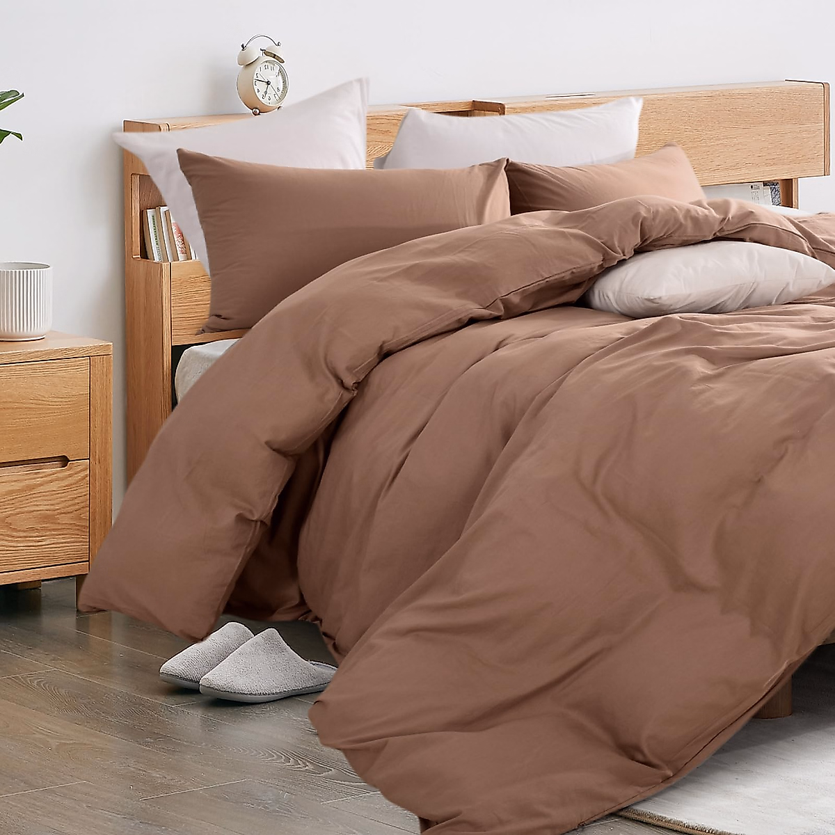 NEXHOME PRO Duvet Cover Set Queen Size Linen Textured Organic Natural 100% Washed Cotton Duvet Cover Mocha Brown 3 Pieces Bedding Set with Zipper Closure, Breathable, Soft (No Comforter)