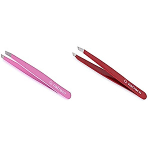 Stainless Steel Slant Precision Tweezers – Professional Tweezers for Eyebrows & Hair Removal – Pink & Red (Pack of 2)
