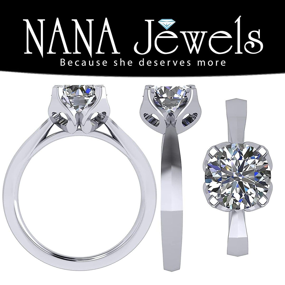 NANA Jewels Heart & Soul Silver 9.0mm (3ct) Round Cut Zirconia Solitaire Engagement Ring - Platinum Plated - Size 7