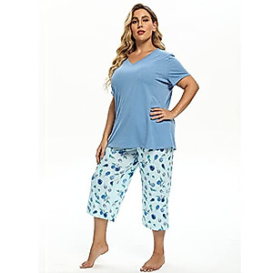 Vozanet Women's V Neck Sexy Pajama Sets Capri Sleepwear Floral Elegant Nighty 2PCS Plus Size S-3XL, Florals-Blue, XXX-Large