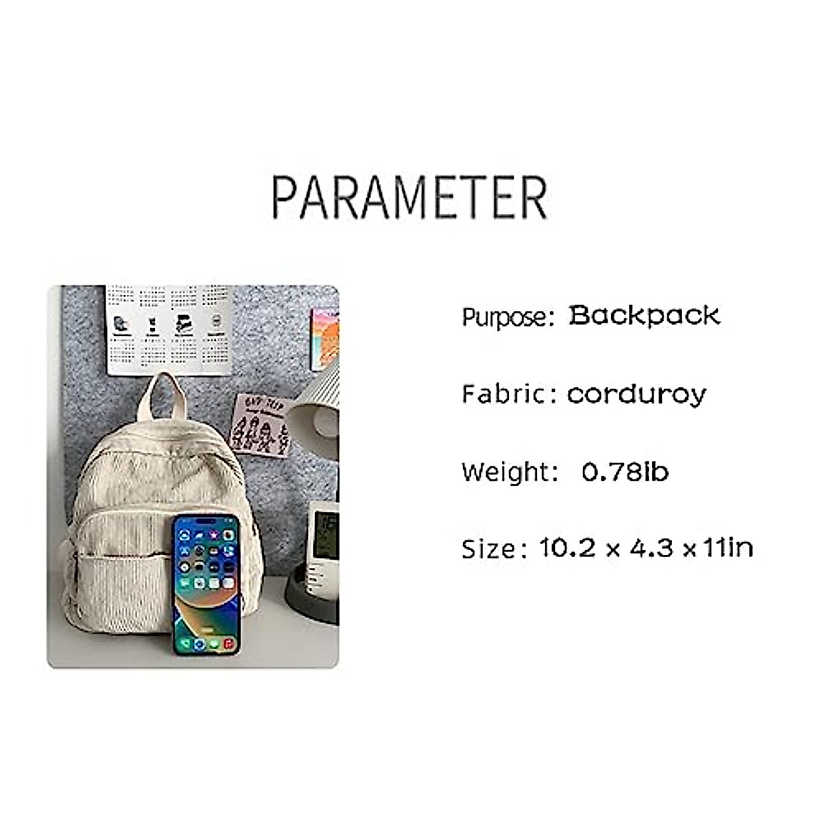 INFENU Cute Corduroy canvas backpack Japanese style bag Kawaii retro simple Solid color mini backpack (Brown)