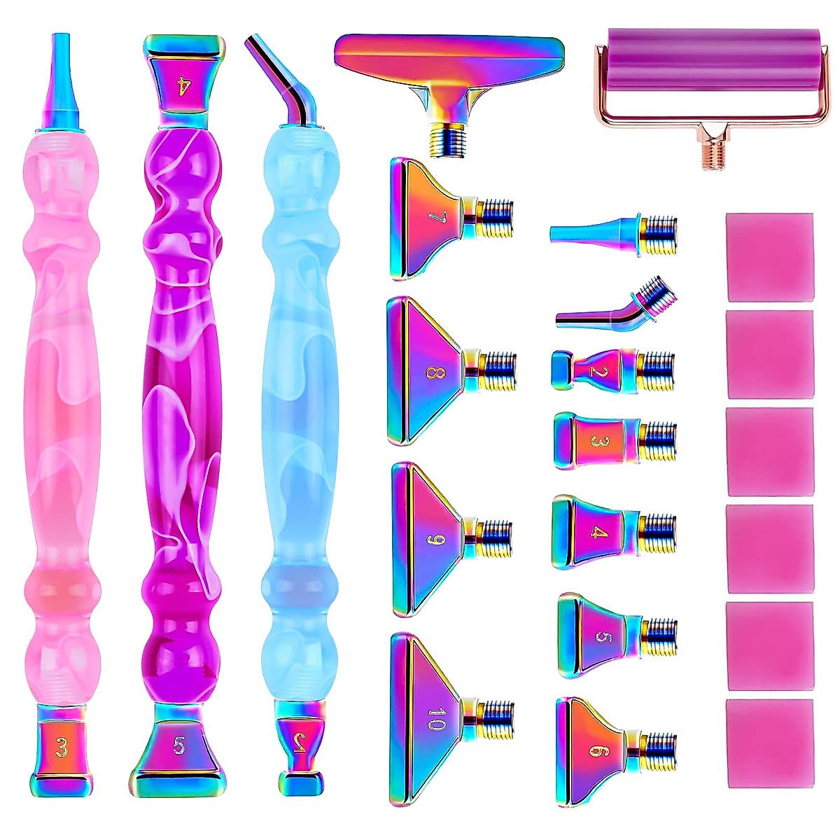 Ninonly 3Pcs Diamond Art Pen, Diamond Painting Pen Kits with 12 Colorful Metal Tips, 6 Painting Glue Clay, Roller, 5D Diamond Art Accessories and Tools for DIY Craft, Purple Pink Blue