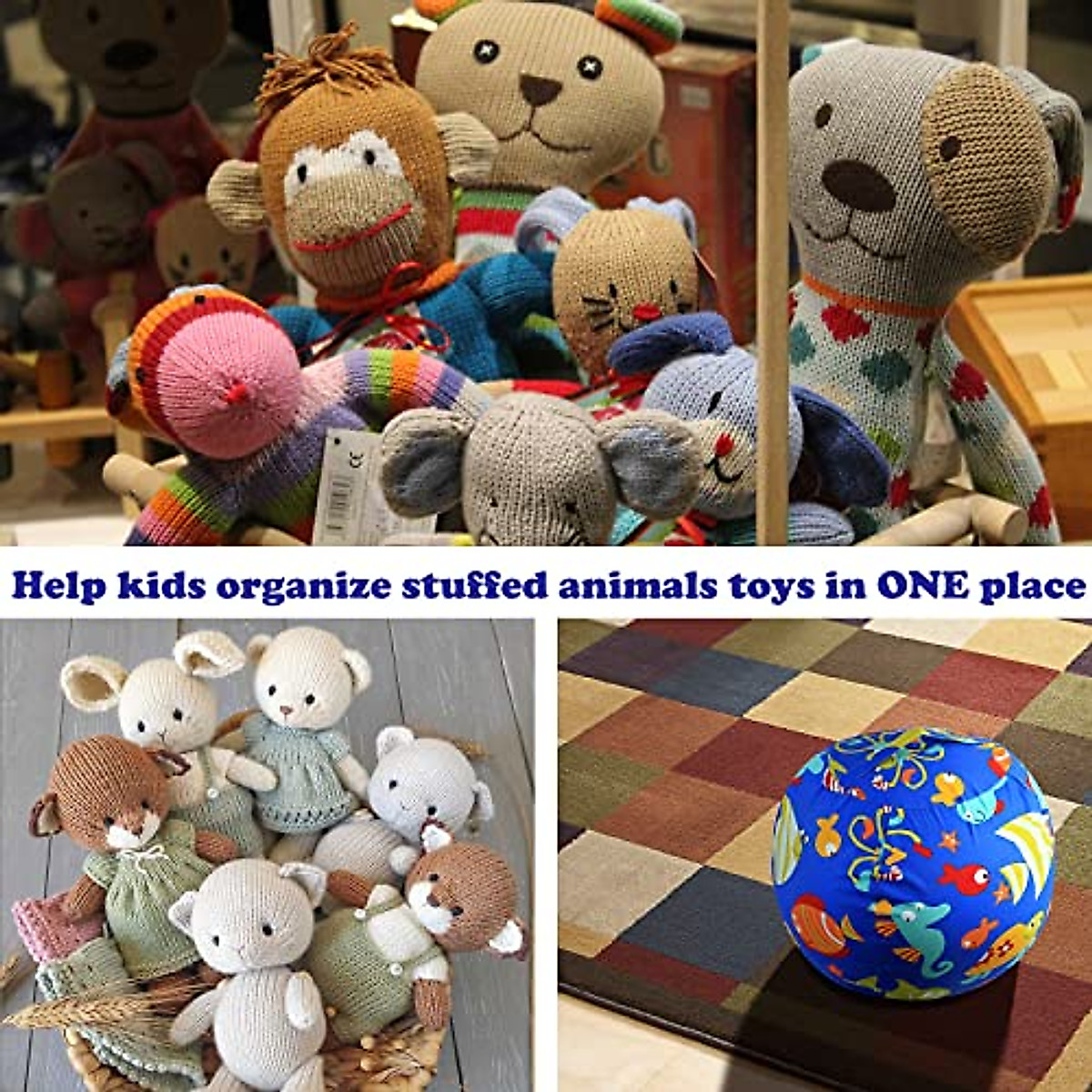 Stuffed Animal Storage Bean Bag Chairs Toy Storage Organizer Bean Bags Chair Cover for Kids 24" Cotton Canvas Beanbag with Zipper for Organizing Kid's and Adults Room, (Blue sea world, 24" x 1)