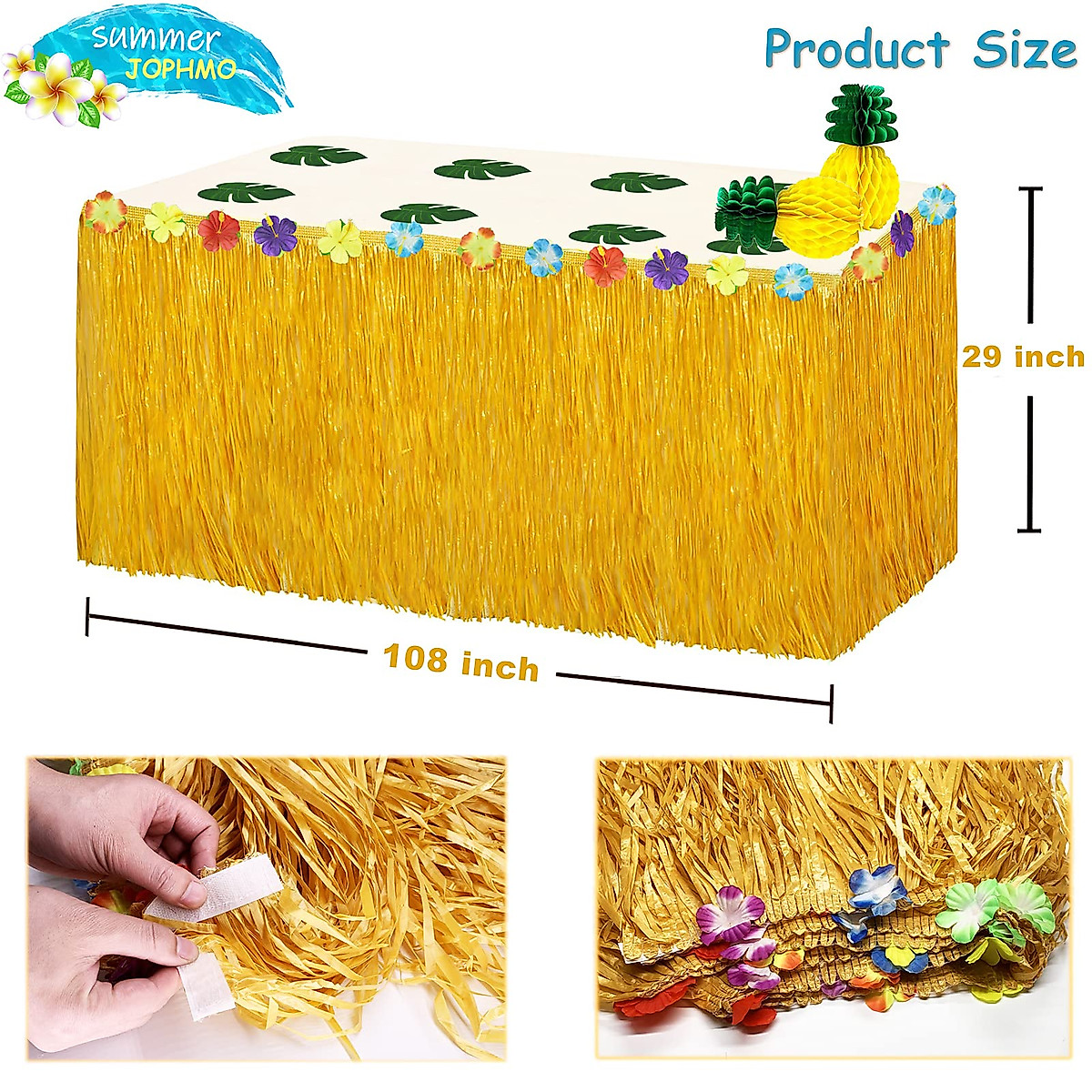 JOPHMO Tropical Luau Party Decoration Pack Hawaiian Beach Theme Party Favors Luau Party Supplies (112 PCS) including Banner, Table Skirt, Straws, Flamingo, Pineapple Décors.