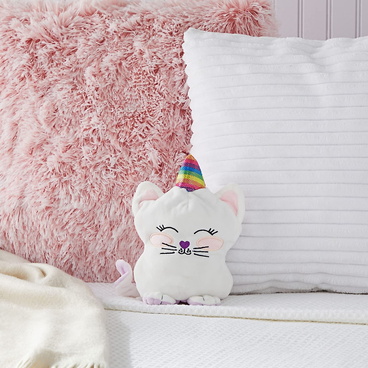 BLUE PANDA Small Reversible Caticorn Plush Toy, Lavender and White Caticorn Plushie with Rainbow Horn (6 x 12 in)