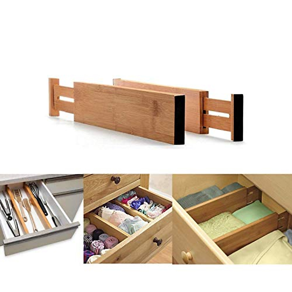 SAVICOS Bamboo Drawer Divider Organizers 4 pack,Spring Adjustable & Expandable Kitchen Drawer Organizer,Tray Organizer for Kitchen, Baby Drawer, Bathroom, Bedroom, Office or Dresser