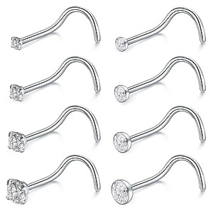 SCERRING 18G 8PCS Stainless Steel Screw Bend Nose Stud Rings Piercing Jewelry 1.5mm 2mm 2.5mm 3mm Clear Cubic Zirconia
