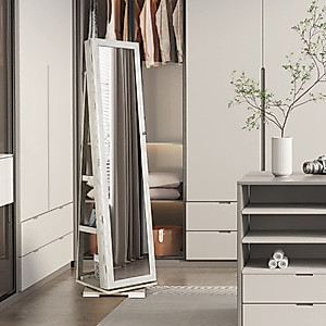 COSTWAY 360 Rotating Jewelry Armoire Cabinet, Standing Jewelry Organizer w/Full-Length Mirror & Large Storage Space, Lockable Mirror Jewelry Cabinet for Girls Women (White)