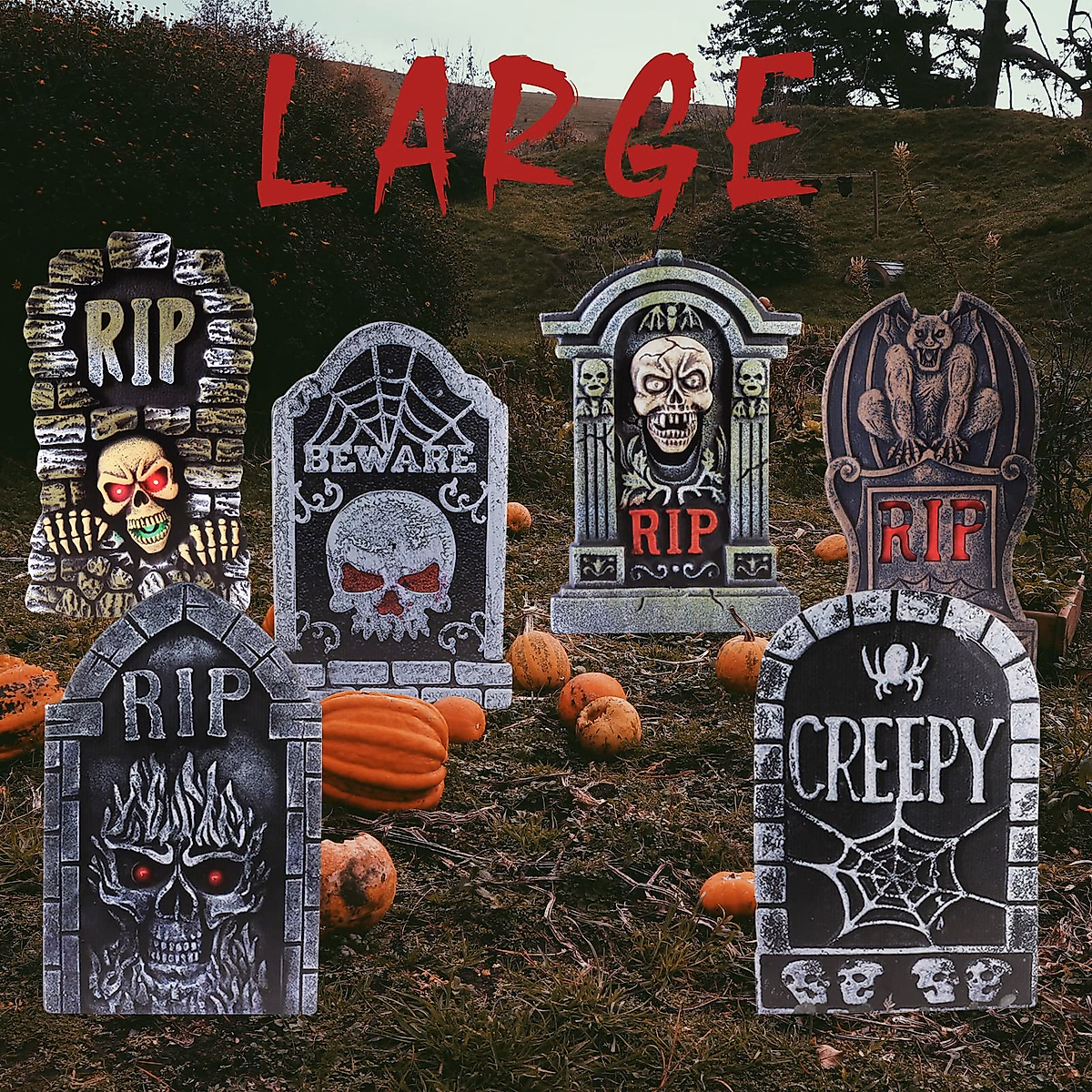 17in Tombstones Yard Sign with Stakes, 6PCS Graveyard Halloween Decorations Scary Gravestone Headstone Lawn Signs Halloween Decor Halloween Tombstones & Cemetery Decorations Waterproof(Large)