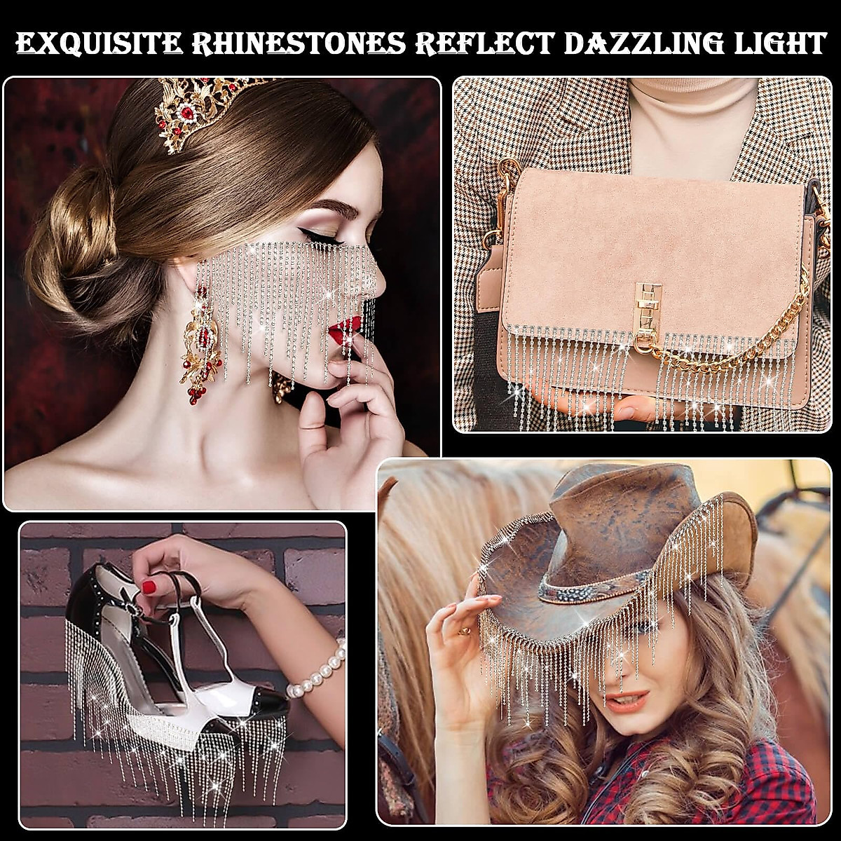 Tetutor Rhinestone Fringe with B7000 Glue Multipurpose Adhesive, 1 Yard Sparkle Rhinestone Trim Rhinestone Fringe Belt Rhinestone Fringe Trim, Sliver Diamond Fringe Rhinestone