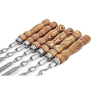 CKG BBQ 6 PCS Skewers Shashlik Shampur Kebab | Barbecue Meat Mangal Grill Russian | Wooden Handle Camping Outings Cooking Tools | 3mm