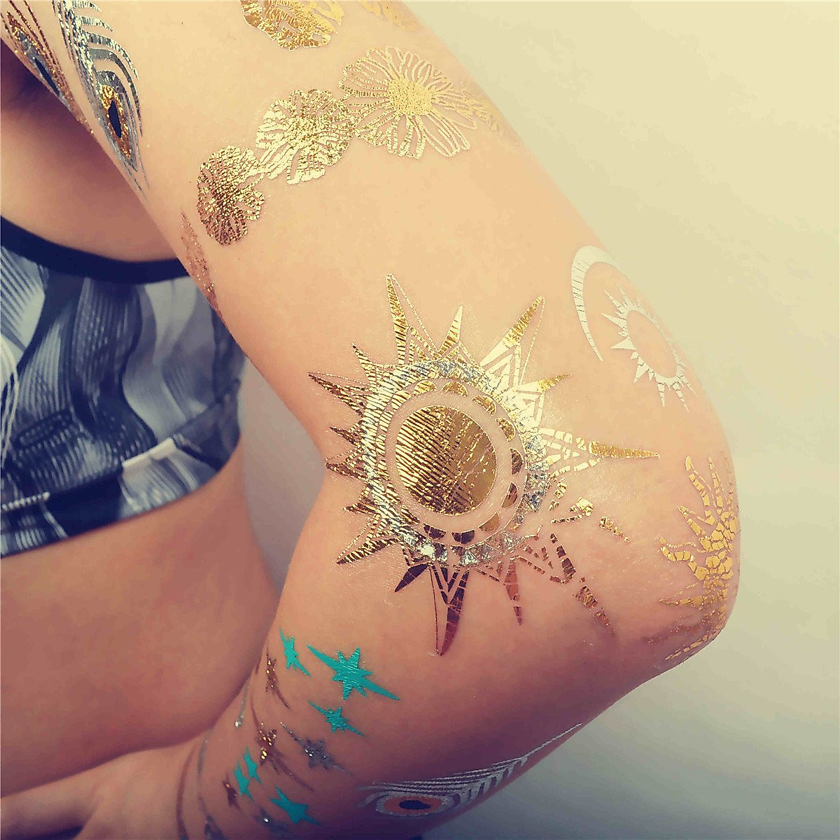 COKOHAPPY 5 Sheets Metallic Temporary Tattoo 150+ Universal Sun Moon Star Gold Silver Shine Beach Armband