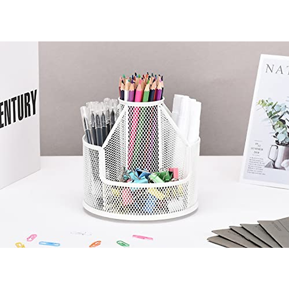 RURYEURT Pencil Holder for Desk, Metal Desk Organizers and Accessories Rotating Pen Holder User Friendly Pen Holder for Desk(White)