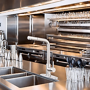 TRYWELL Kitchen Faucets with Pull Down Sprayer Stainless Steel Kitchen Sink Single Handle Utility Faucet Modern Brushed Nickel Faucet and Deck Plate for Kitchen Bar Camper RV