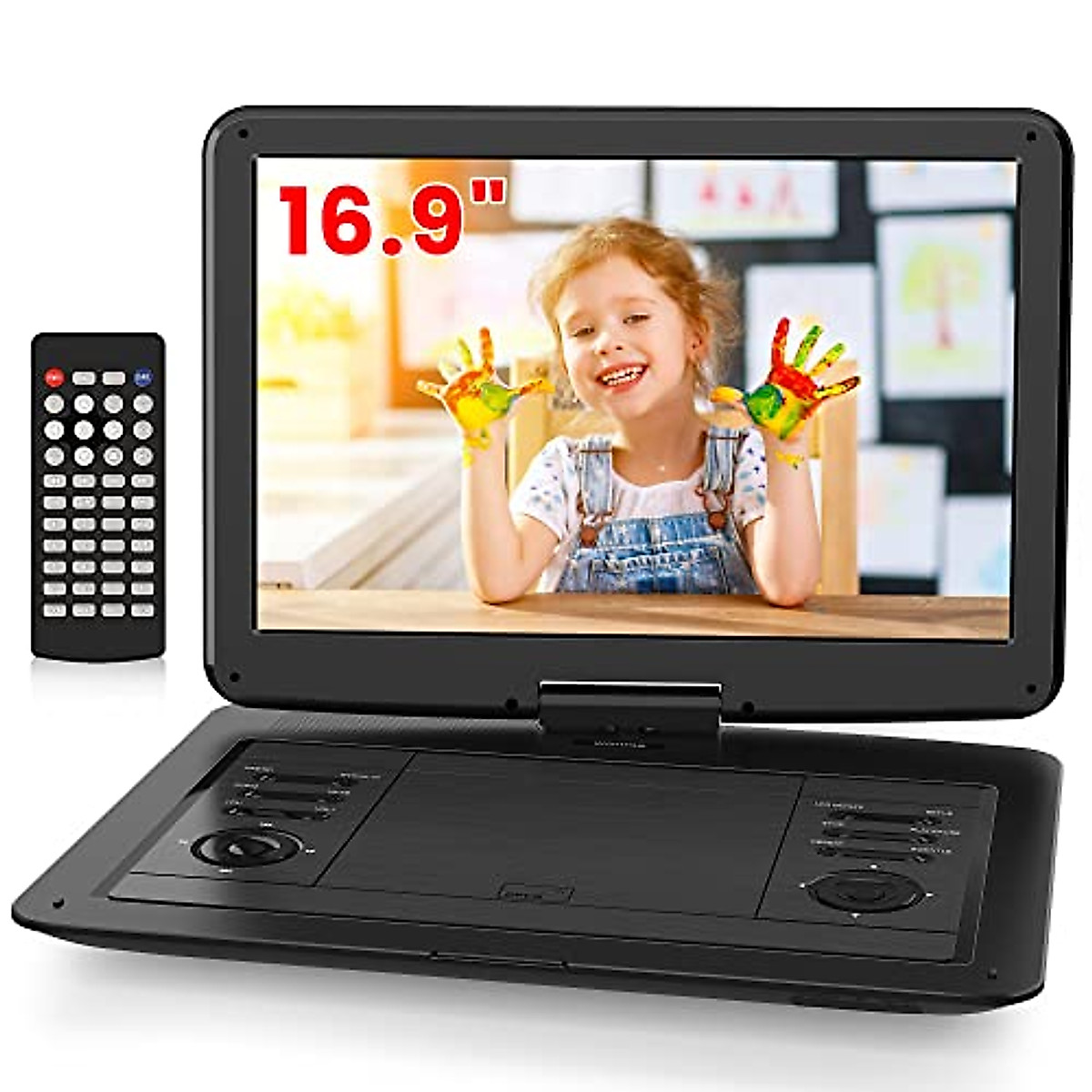 WONNIE 16.9" Portable DVD Player with 14.1" Large Swivel Screen, High Volume Speakers, 6 Hrs Rechargeable Battery, Support USB/SD Card/ Sync TV, Region Free, Last Memory