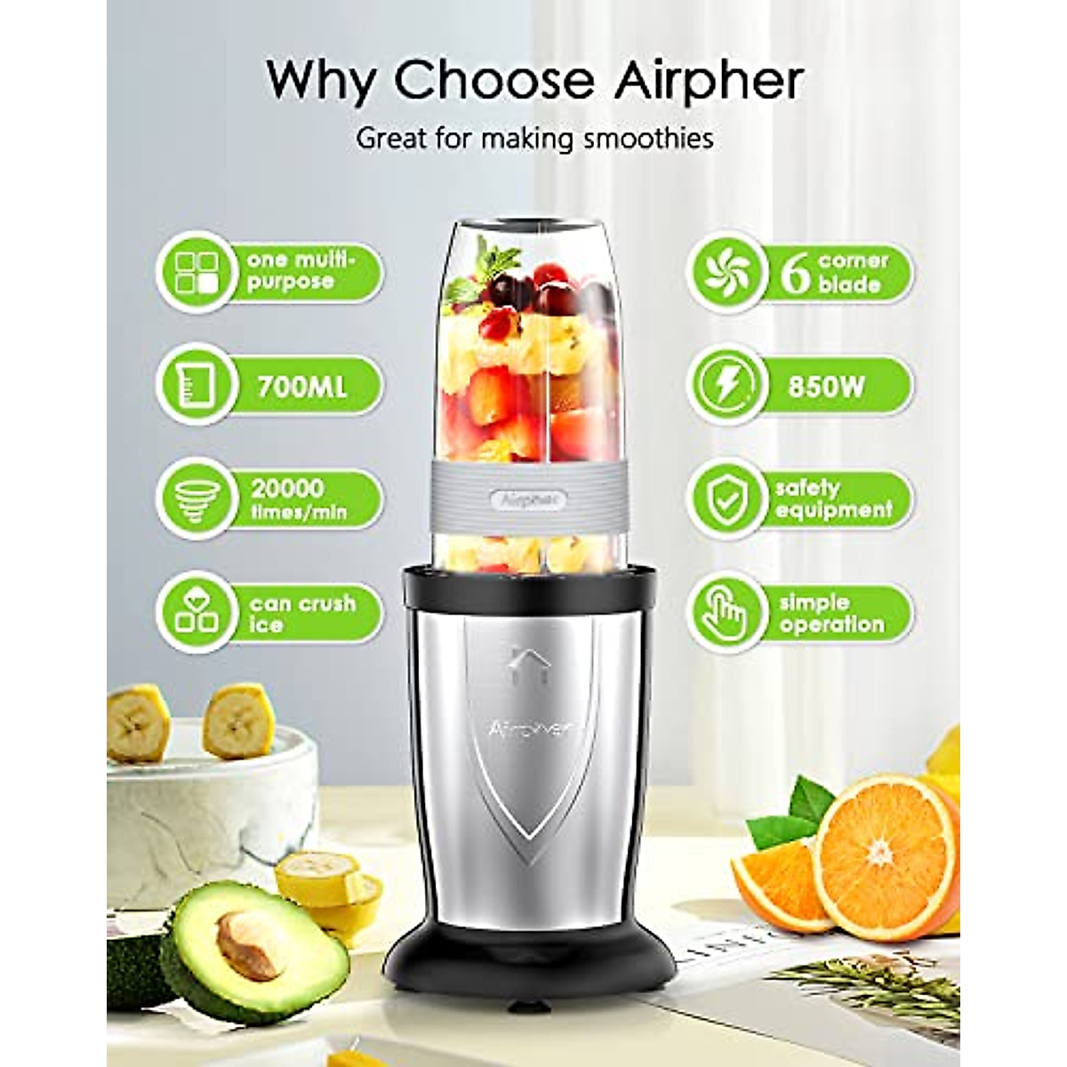 Blender, Upgrade Bullet Blender for Shakes and Smoothies,850 Watt 12 PCS Airpher Portable Blender Set for Kitchen with Milk Frother, 6-Edge Blade, Blade Grinder, 2*24 Oz & 10 Oz To-Go Cup, BPA Free