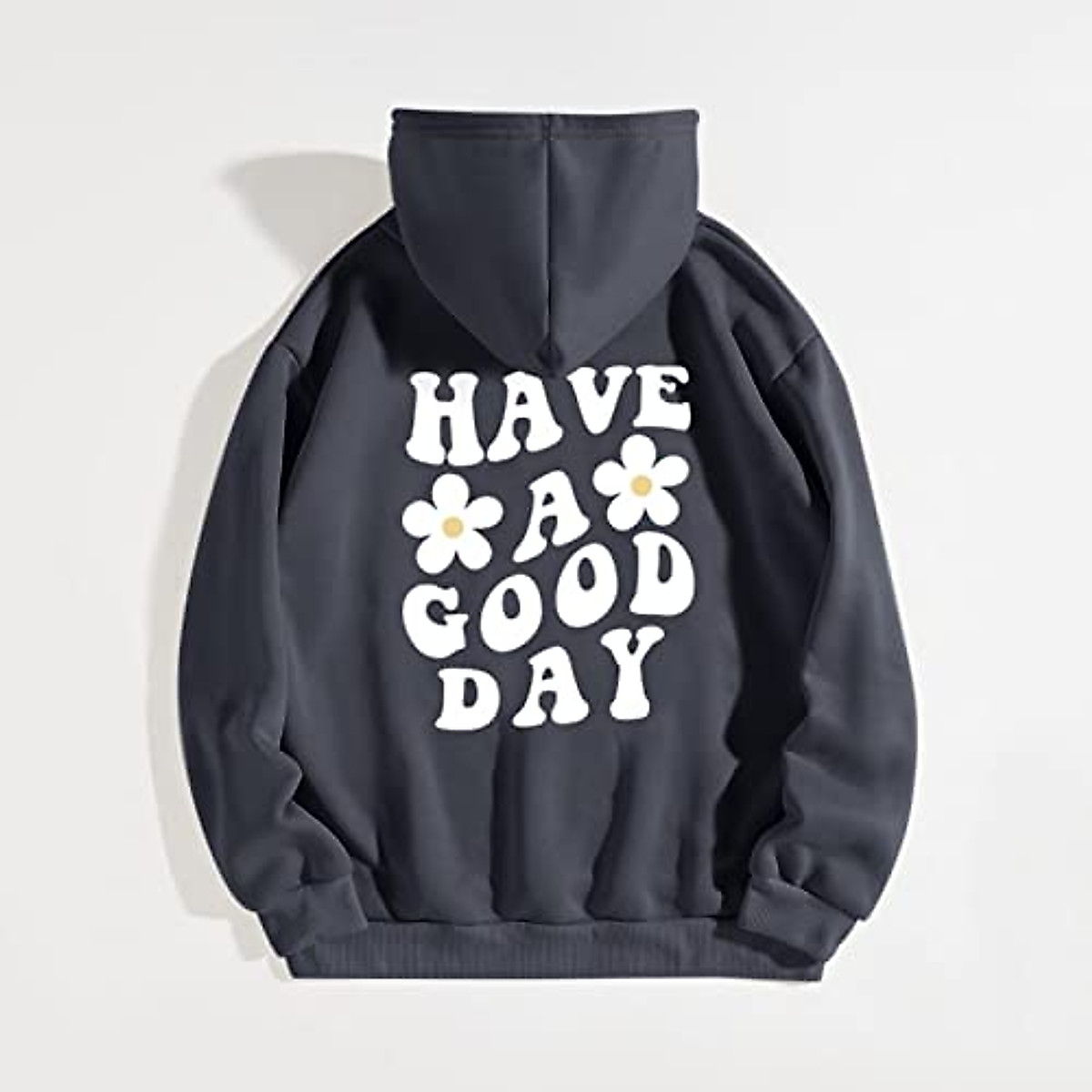 Women Oversize Fleece Hoodie Sweatshirt Long Sleeve Floral Slogan Letter Graphic Print Drop Shoulder Drawstring top Grey