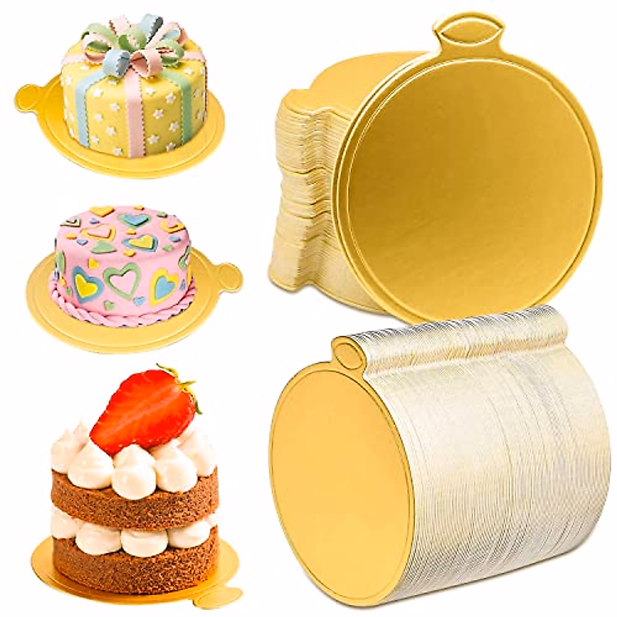 Abnaok Mini Cake Boards Golden Cardboard Mousse Cake Base 100PCS Cake Paper Board Dissert Plates Circle Patries Cardboard Cupcake Base Display Dessert Board Grease (Round Cake Base)