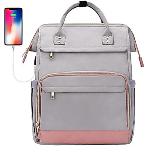Erihop Teacher Backpack 17 Inch Laptop Bag for Women Fashion Backpack Purse, Work Backpack Tote Computer Bag with Charging Port,Travel Backpack, Grey&Pink