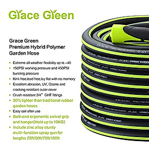 Grace Green Garden Hose,Hybrid 5/8 in.×100FT Water Hose With Zinc Alloy Nozzle, Both End SwivelGrip, Heavy Duty, Light Weight, Flexible