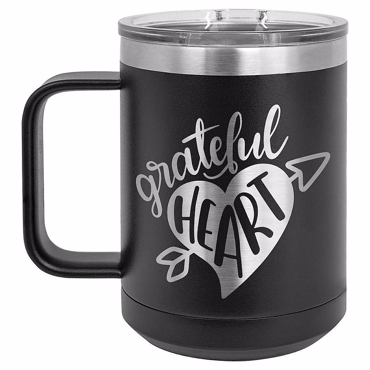 GRATEFUL HEART Black 15 oz Coffee Cup w/Slide Top Lid | Insulated Travel Coffee Mug | Unique Gift Ideas From Women or Men | Compare Price To Yeti Rambler