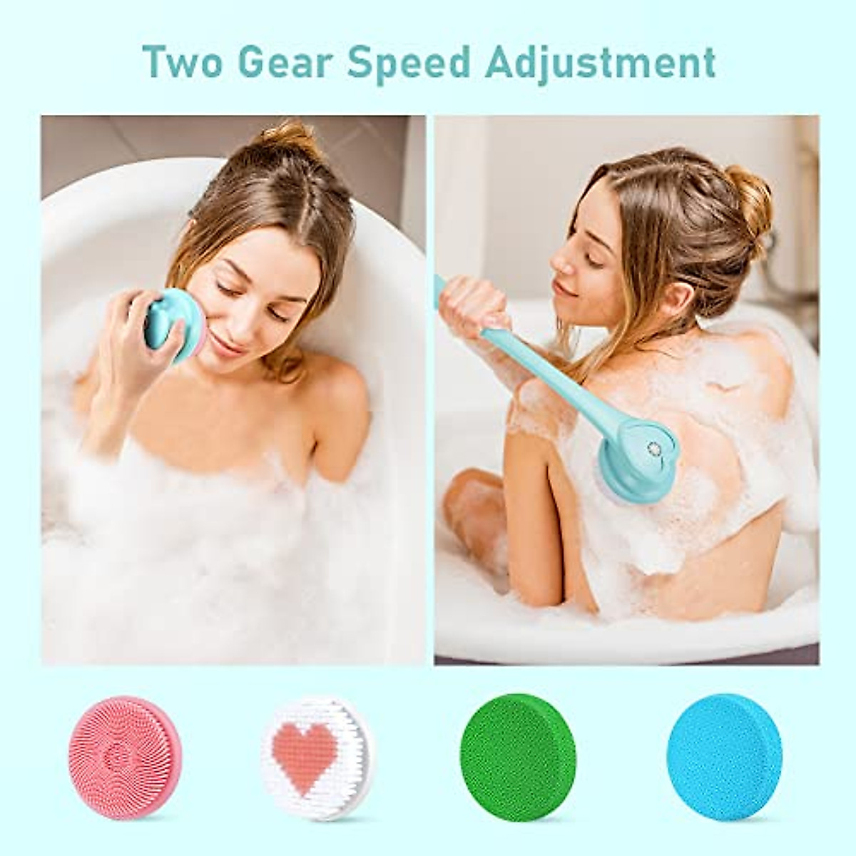 Electric Body Bath Brush Rechargeable Back Brush Long Handle for Shower Brush Silicone Body Scrubber with 5 Rotating Brush Heads for Women Men Body Cleaning Exfoliating Massage (Blue)