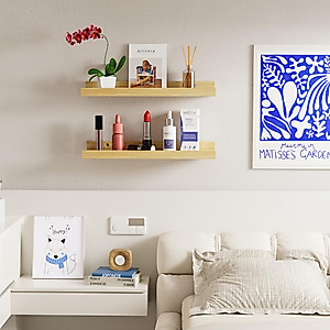 YEMNMFH 16 Inch Bamboo Floating Shelves - Picture Ledge Shelf with Lip Set of 2, Hanging Bamboo Wall Shelf for Storage, Small Natural Wood Floating Shelves for Living Room, Bedroom, Kitchen