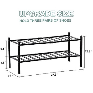 quiqear Bamboo Shoe Rack, 2 Tier Shoe Rack Organizer, Stackable & Durable Shoe Shelf Holder, Free Standing Shoe Racks, Shoe Storage Organizer for Entryway, Closet, Hallway (Black)