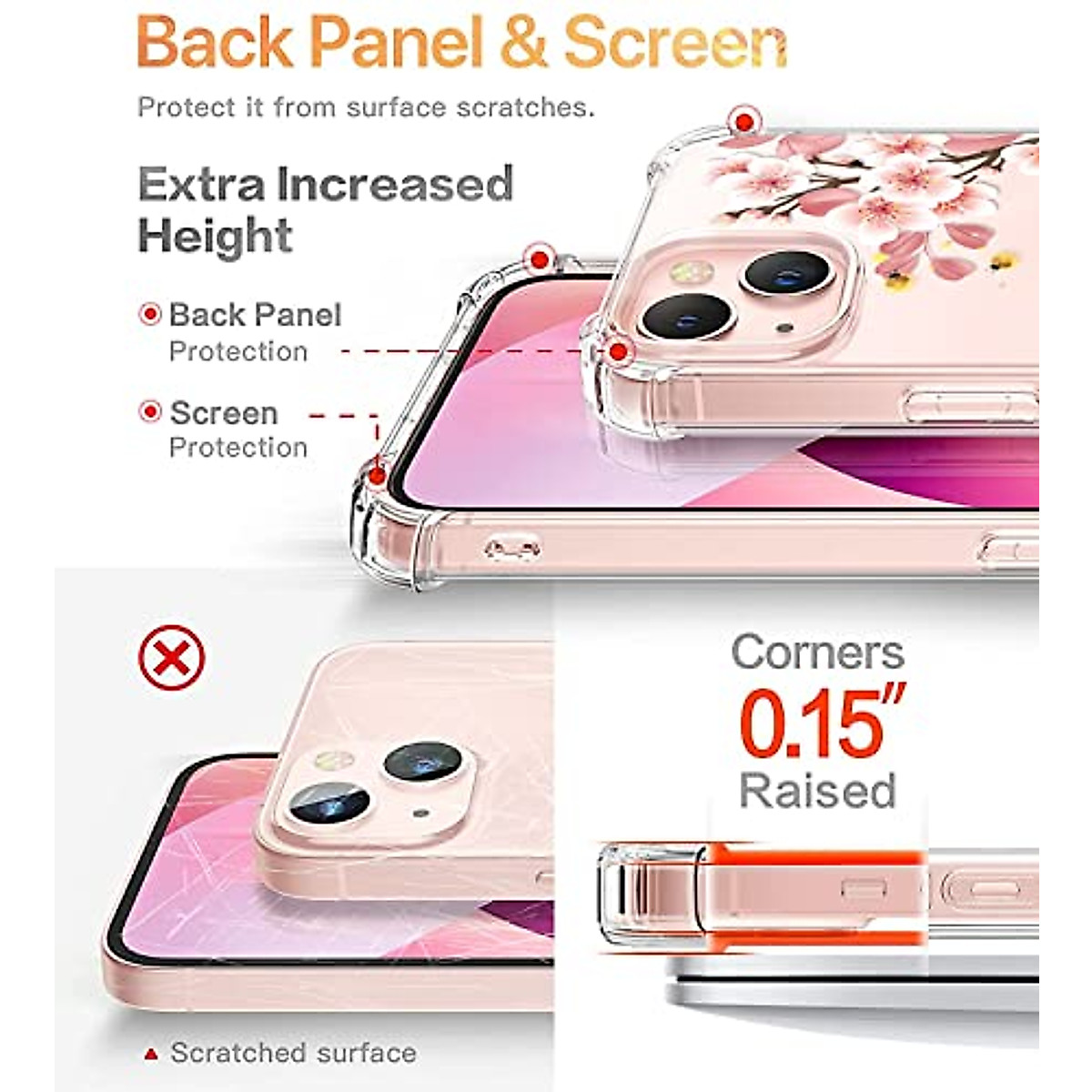 RoseParrot Designed for iPhone 13 Case with Screen Protector + Ring Holder + Waterproof Pouch, Clear with Floral Pattern Design, Soft&Flexible Bumper Shockproof Protective Cover （Fireflies）