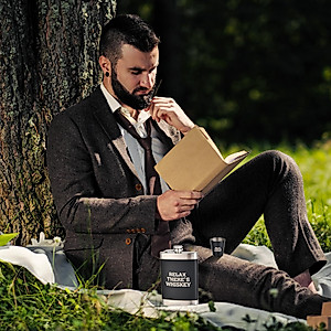 Hip Flask Gift Set for Men, Stainless Steel Leak-proof Engraved Flask for Liquor with 4 Cups and Funnel, Food-grade Black Flask, Gift Box for Wedding Party Groomsman Climbing Hiking Picnic