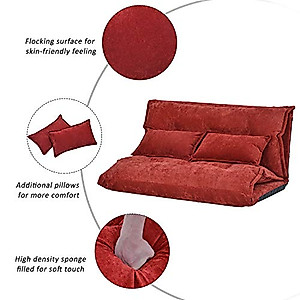 HEPMIMZHU Adjustable Floor Sofa, Foldable Lazy Sofa Sleeper Bed 5-Position Adjustable, Cloth Cover, Floor Sofa Couch with 2 Pillows for Bedroom, Living Room, Balcony (Red)