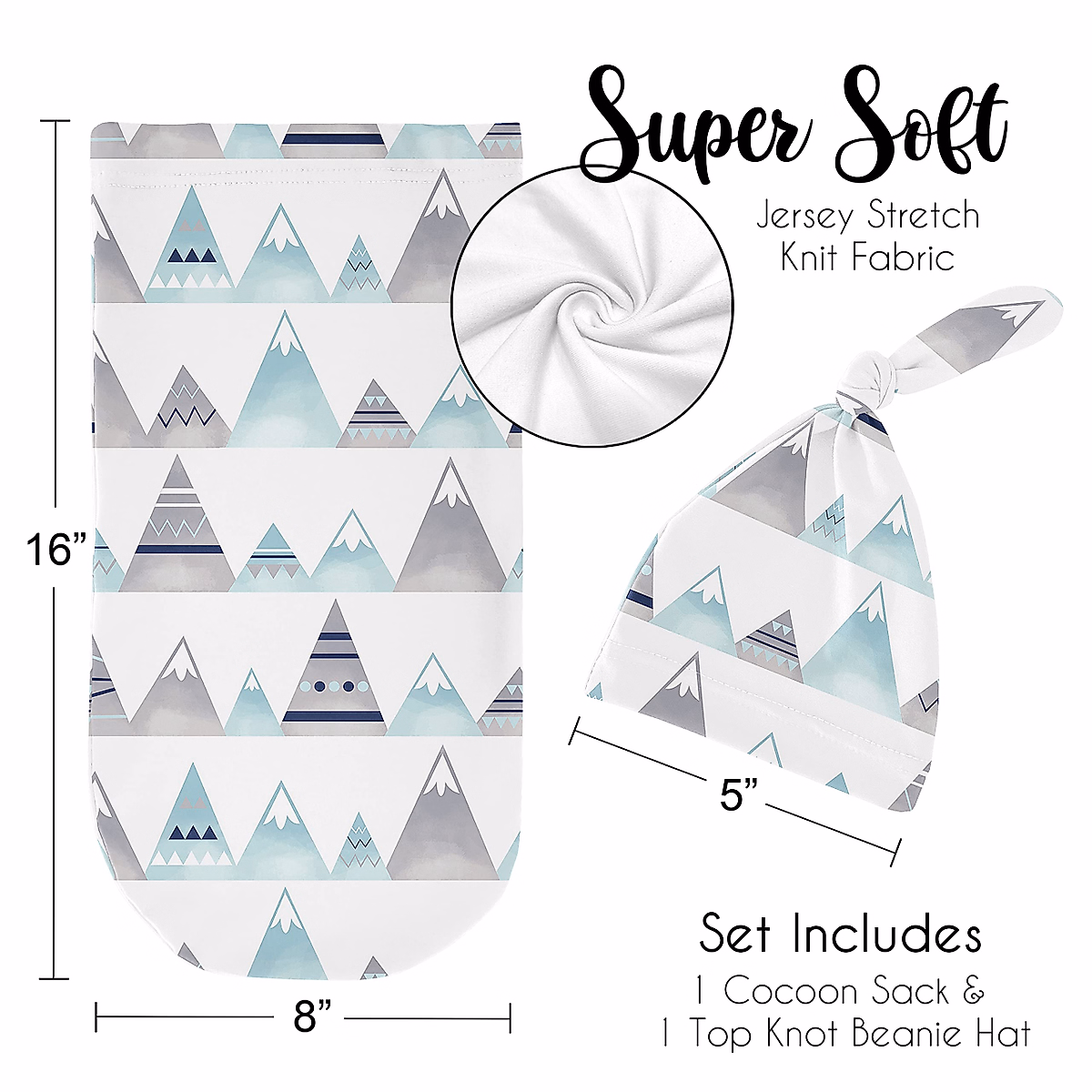 Sweet Jojo Designs Mountains Baby Boy or Girl Cocoon and Beanie Hat 2pc Set Jersey Stretch Knit Sleeping Bag for Infant Newborn Nursery Sleep Wrap Sack - Navy Blue, Aqua and Grey Watercolor Aztec