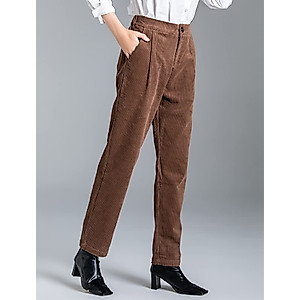 Minibee Women's Cropped Corduroy Pants Elastic Waist Retro Trouser with Pockets Brown
