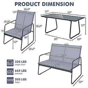 Tangkula 4 Pieces Patio Furniture Set, Outdoor Conversation Set with Tempered Glass Coffee Table, Metal Frame, Breathable Fabric, Indoor & Outdoor Chat Set of 4, for Patio, Poolside, Garden (Gray)