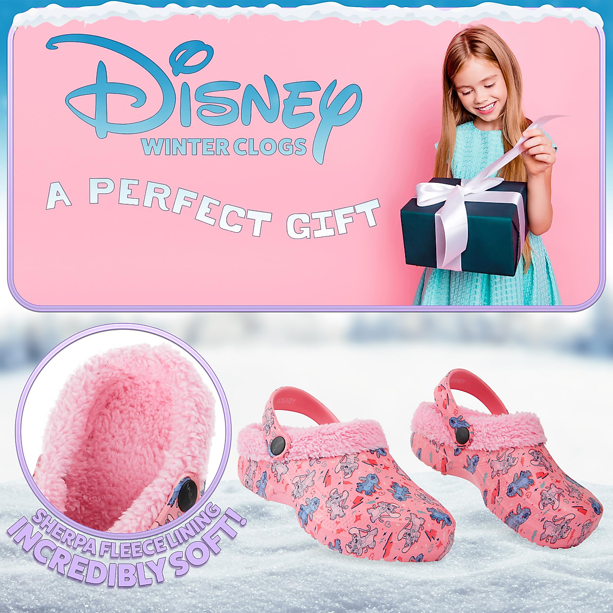 Disney Stitch Girls Clogs - Fleece Lined Clogs - Stitch Gifts (Pink Stitch/Angel, 4/5 US)