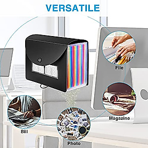 Sooez 24 Pockets Expanding File Folder with Blank Labels, According File Organizer with Expandable Cover, Desktop Accordion Folders Letter A4 Paper Document Storage Organizer, Black